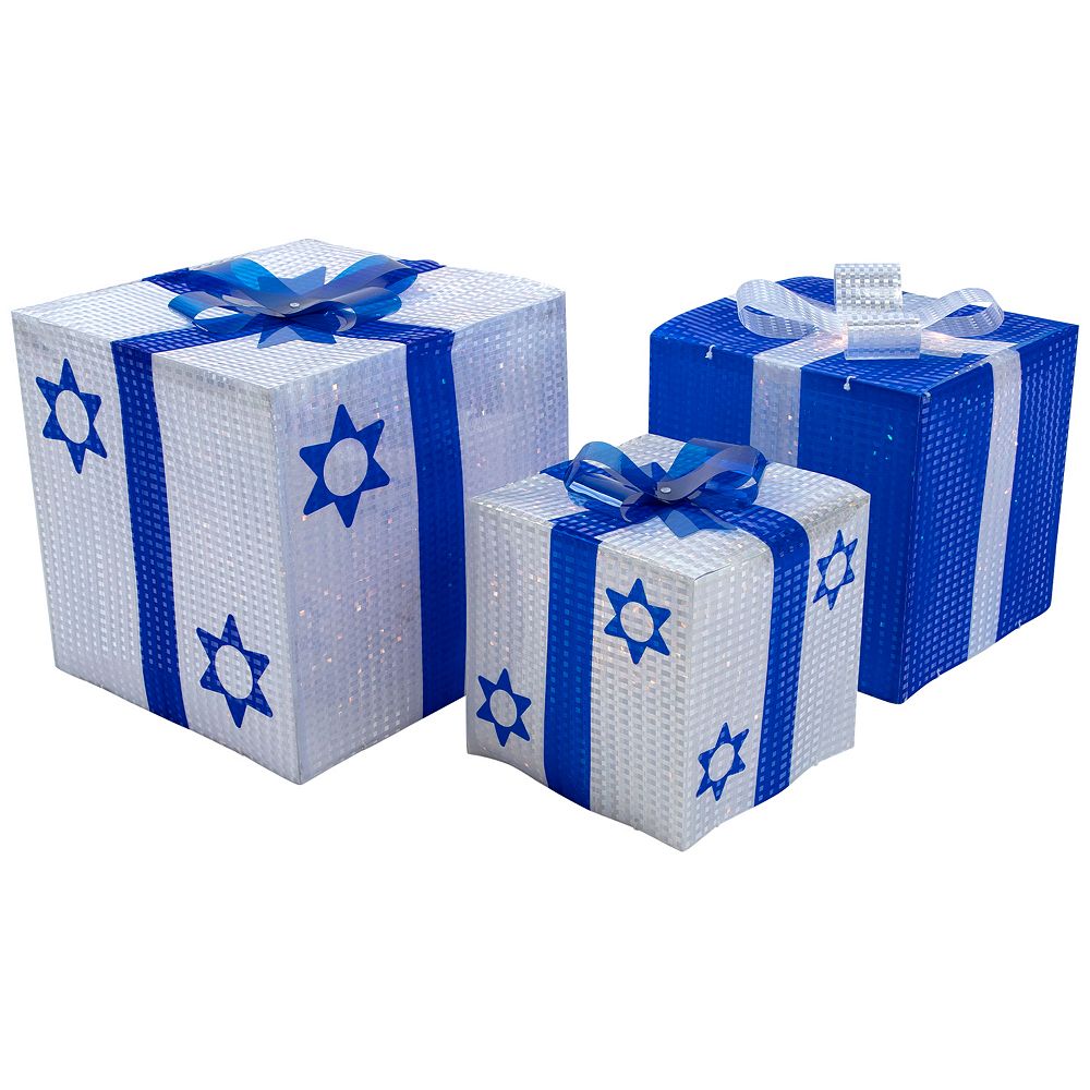 Northlight 3-Piece White and Blue Shimmering Lighted Hanukkah Gift Box Set
