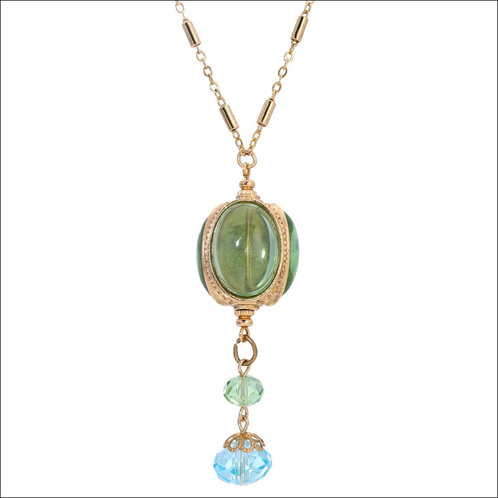 1928 Gold Tone Green Three-Sided Spinner Drop Necklace