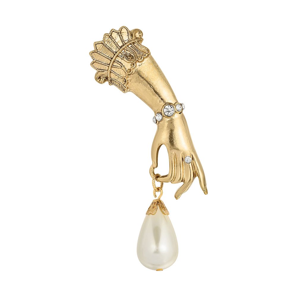 1928 Gold Tone Lady's Hand Pin with Simulated Pearl & Crystal Accents