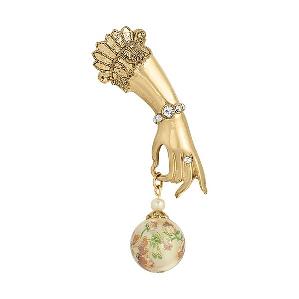 1928 Gold Tone Lady's Hand Pin with Crystal Accents & Floral Bead