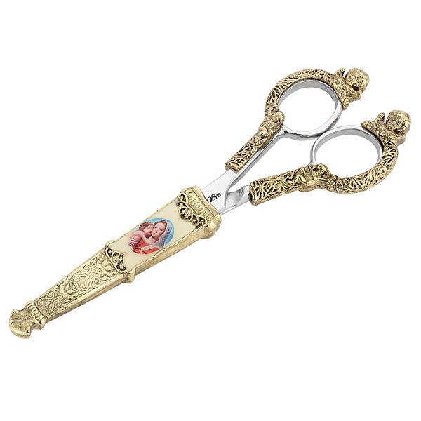 1928 Gold Tone Mother & Child Filigree Scissor Holders & Scissors Set