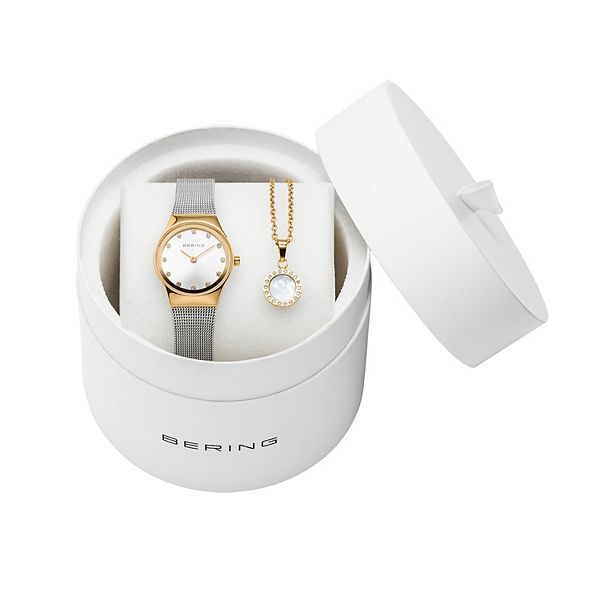 BERING Women's Classic Two Tone Watch & Crystal Necklace Gift Box Set