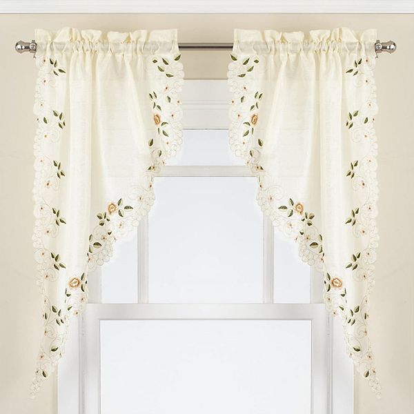 Sweet Home Rosemary Floral Embroidered Semi-Sheer Kitchen Curtain Swag Pair