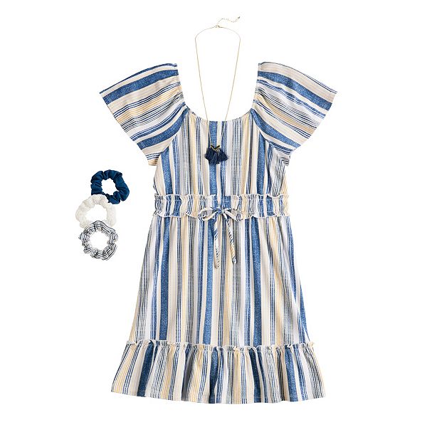 Girls 7-16 Three Pink Hearts Striped Dress, Scrunchies, & Necklace Set ...
