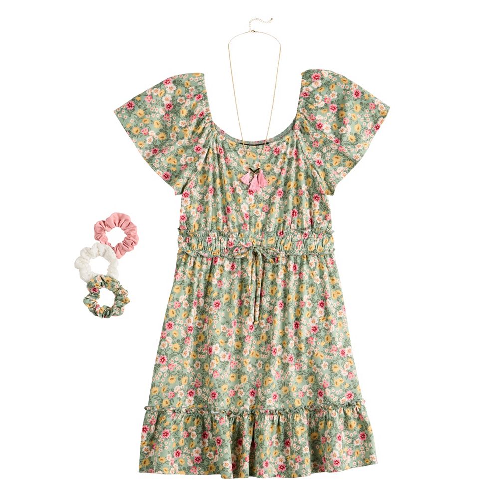 Girls 7-16 Three Pink Hearts Striped Dress, Scrunchies, & Necklace Set ...