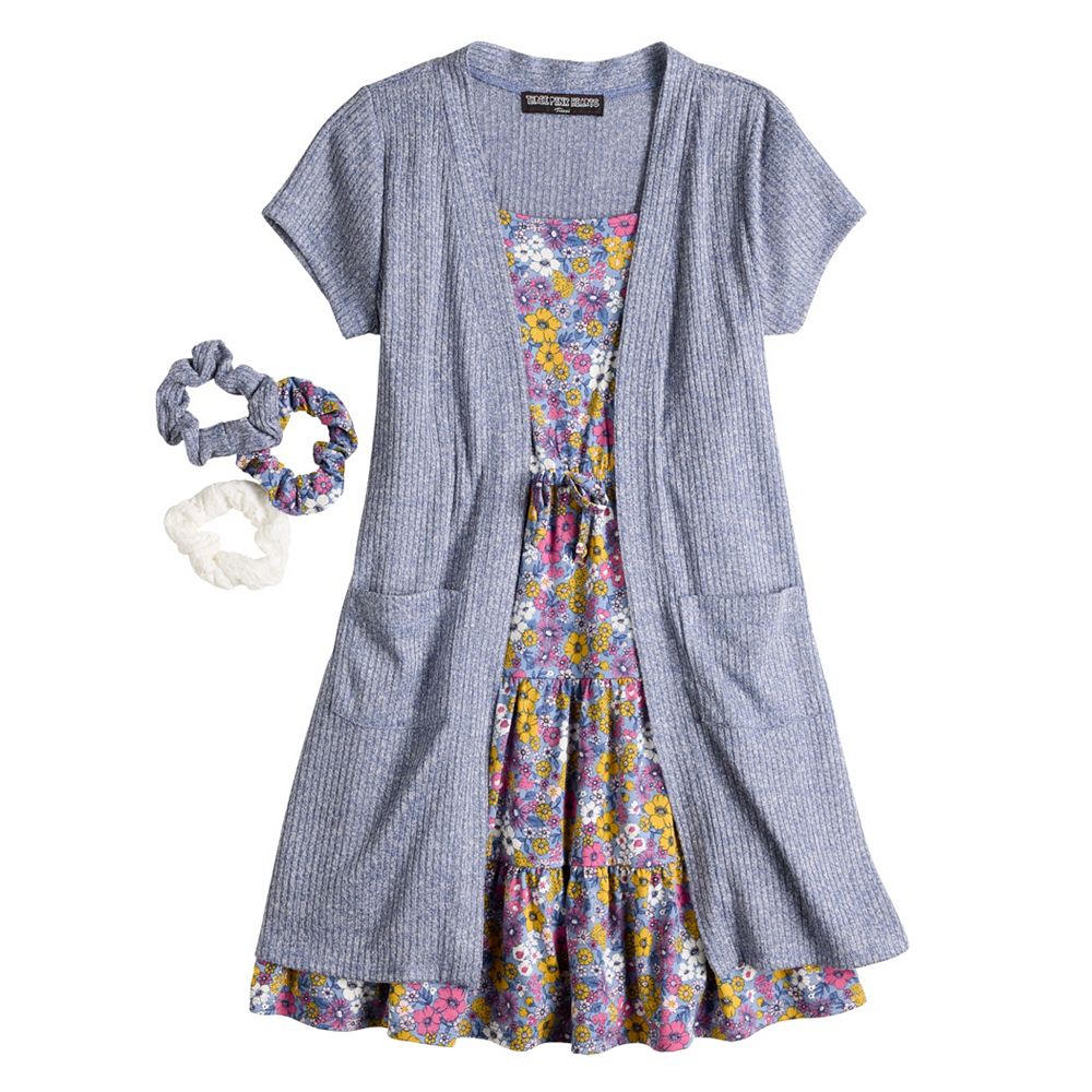 Girls 7-16 Three Pink Hearts Short Sleeve Duster Cardigan, Floral Dress ...