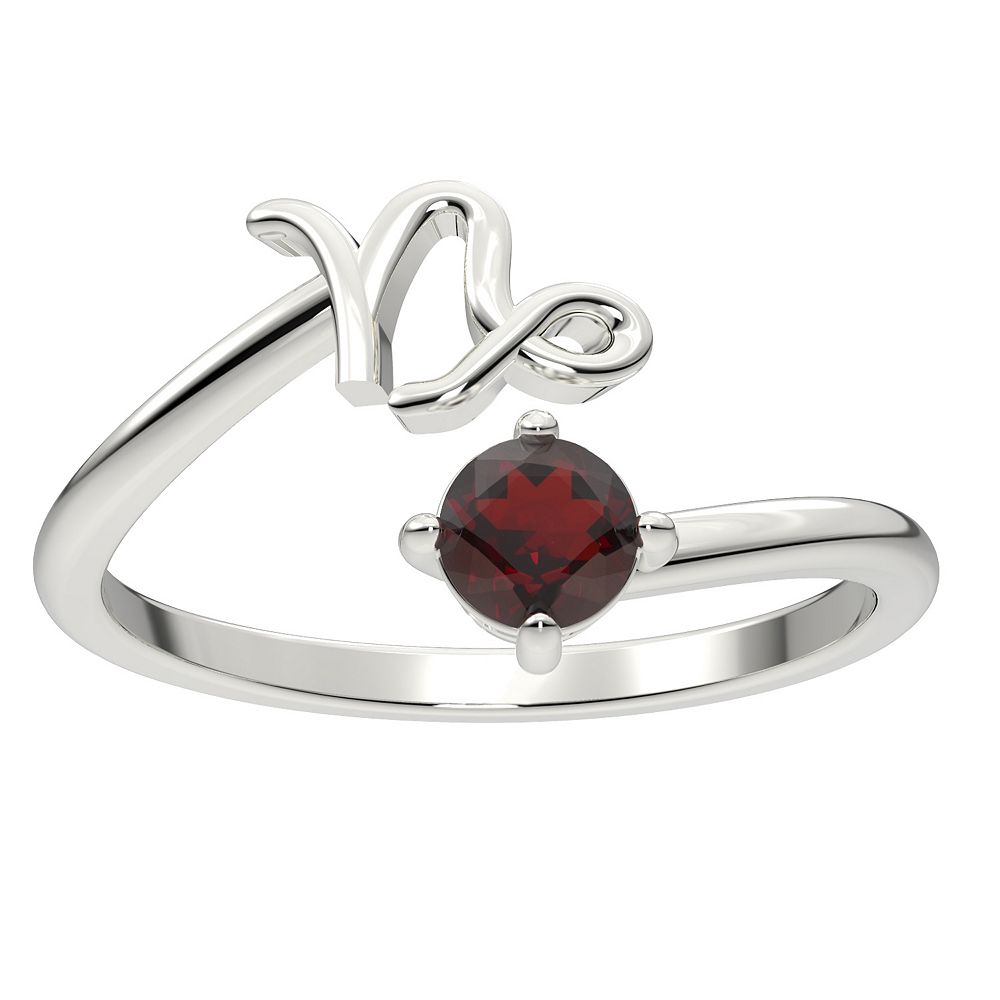 Sterling Silver Garnet Capricorn Zodiac Sign Bypass Ring
