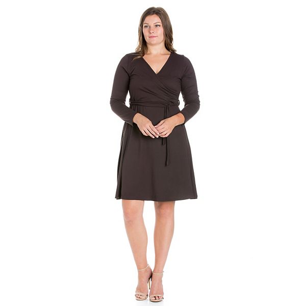 Plus Size 24seven Comfort Apparel Chic V-Neck Long Sleeve Belted Dress