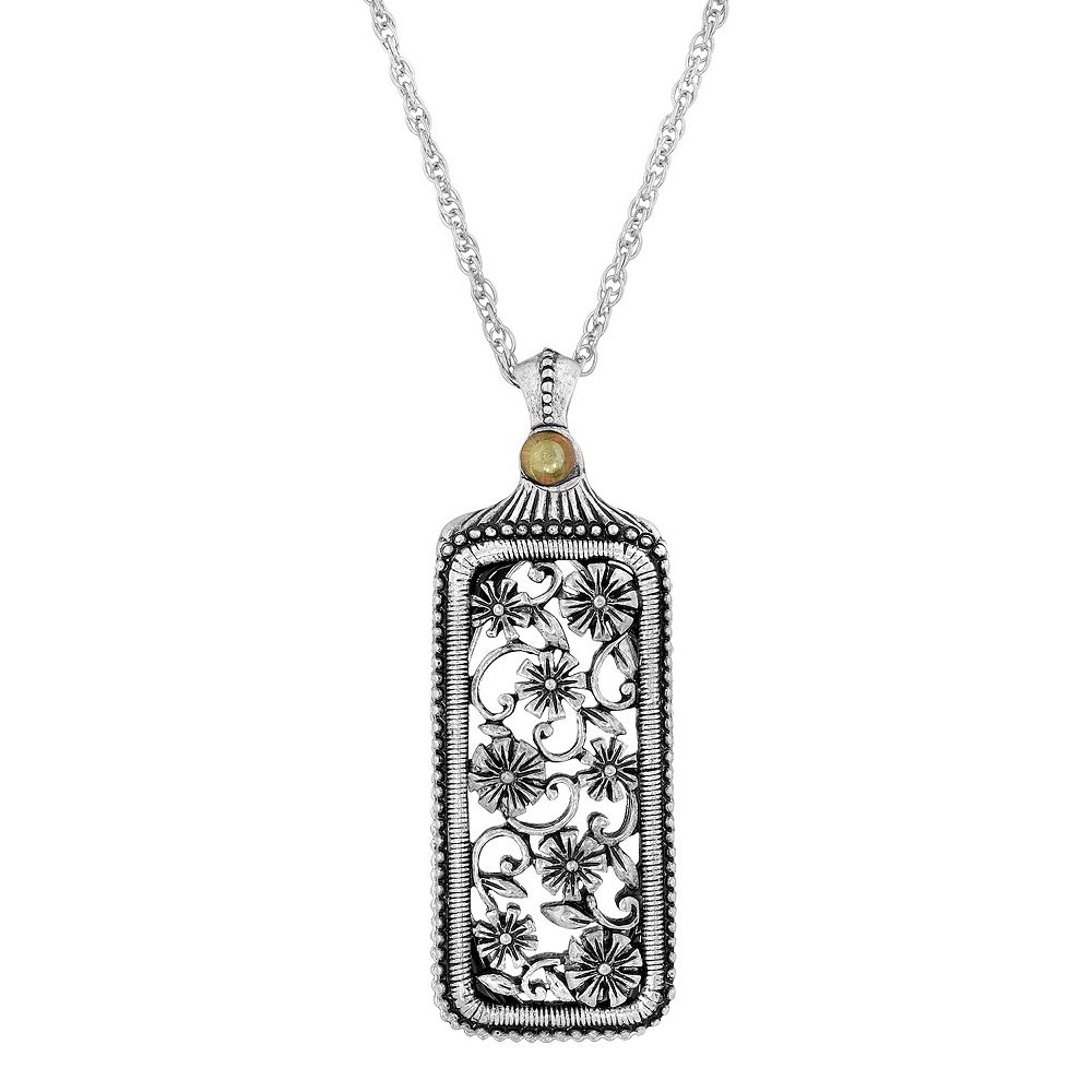1928 Silver Tone Flower Filigree Mirror Pendant Necklace