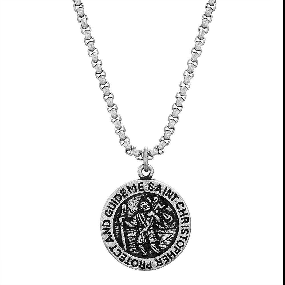 1913 Men s Oxidized Stainless Steel Saint Christopher Pendant Necklace Size 24