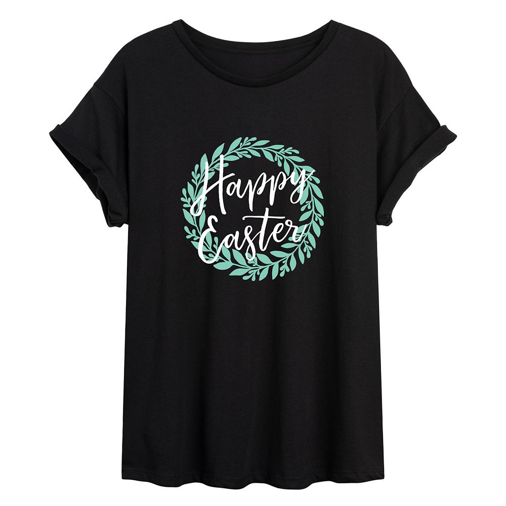 Juniors' Happy Easter Wreath Oversized Tee