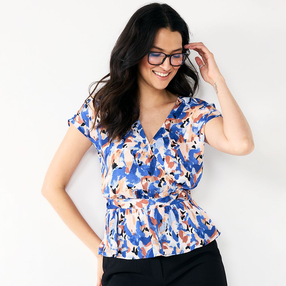 Petite Nine West Short Sleeve Peplum Wrap Top