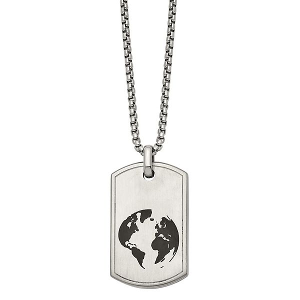 Men's Black Enamel Stainless Steel Earth Dog Tag Necklace