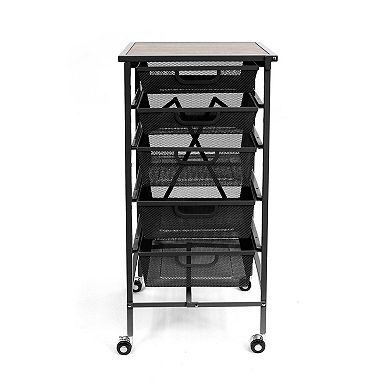 Origami Wheeled Folding Steel 5 Drawer Mesh Storage Kitchen Cart Wood ...
