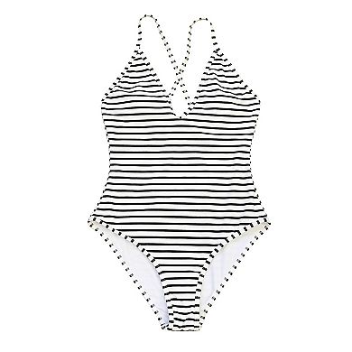 Women's Cupshe Striped Scoopneck Cross Back One-Piece Swimsuit