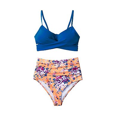 Women's Cupshe High-Waist Bikini Bottoms & Floral Print Top Two-Piece ...