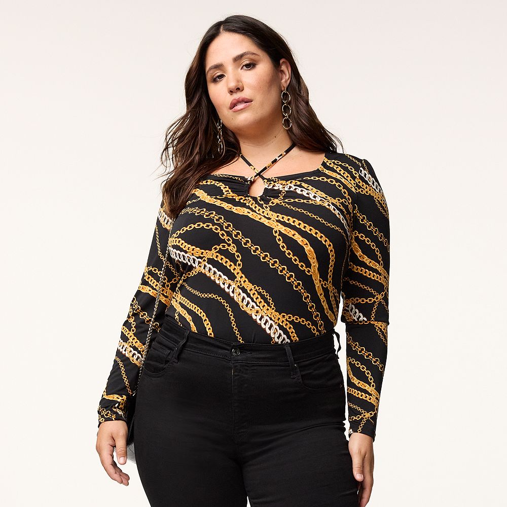 Plus Size INTEMPO Long Sleeve Halter Bodysuit