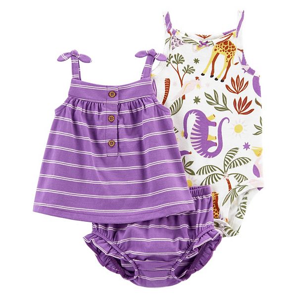 Baby Girl Carter's Dino Bodysuit, Striped Tank & Diaper Cover Set