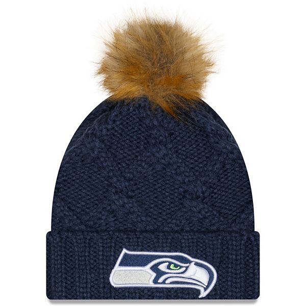 Women's New Era College Navy Seattle Seahawks Luxe Cuffed Knit Hat with Pom