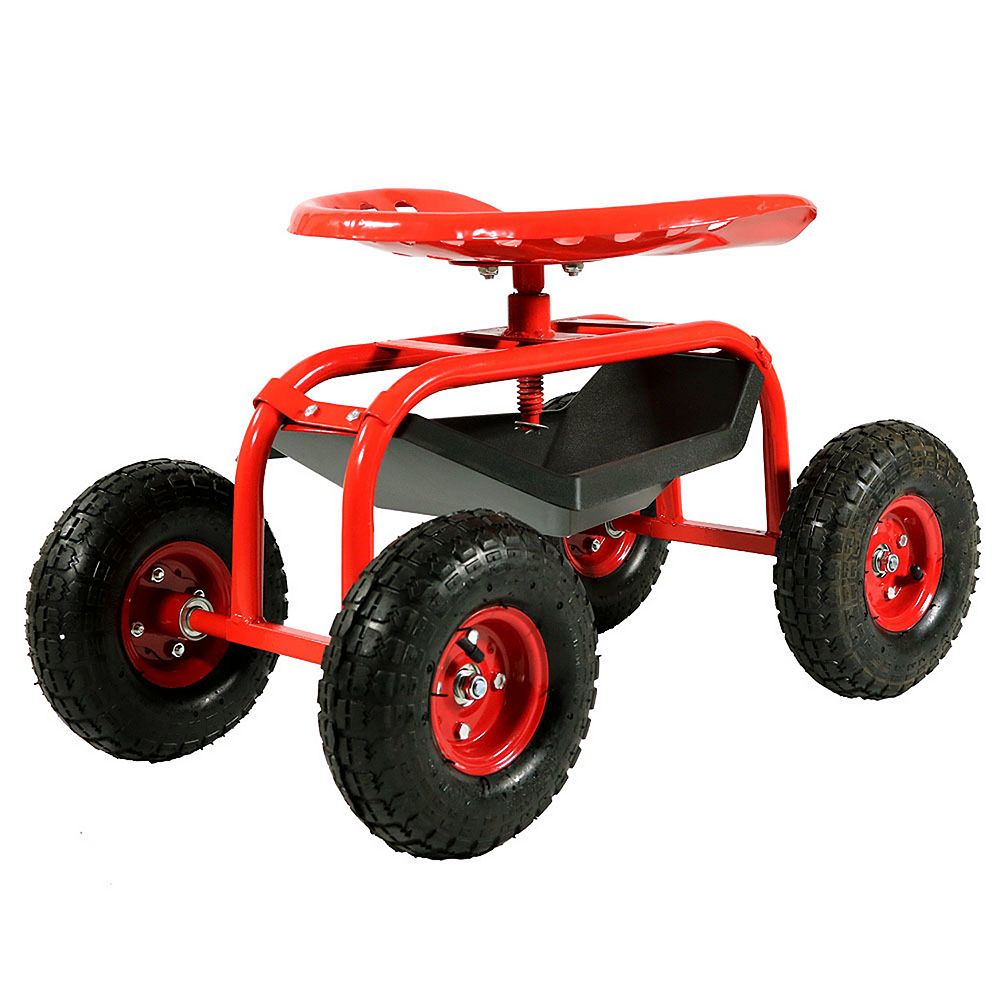 Sunnydaze Steel Rolling Garden Cart with Swivel Steering/Tray - Red