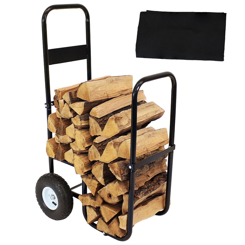 Sunnydaze Steel Log Cart Carrier and Storage Rack with Wheels and Cover