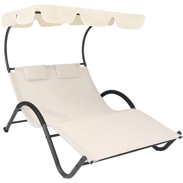 Sunnydaze Sling Fabric Double Outdoor Chaise Lounge Bed with Canopy Beige