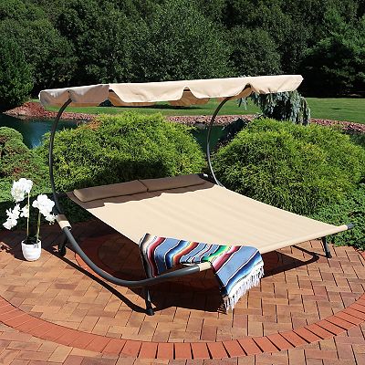 Sunnydaze Outdoor Double Chaise Lounge Bed with Canopy Shade and Headrest Pillows Beige
