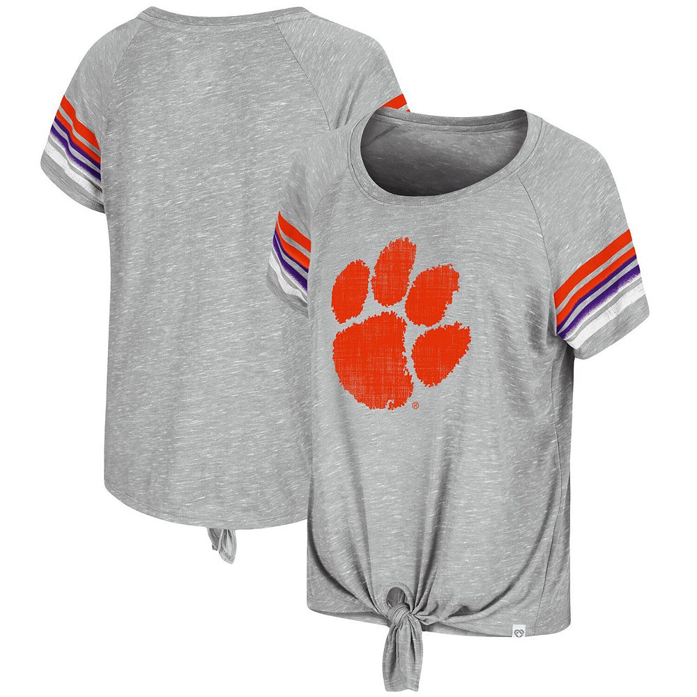 Women's Colosseum Heathered Gray Clemson Tigers Boo You Knotted Raglan ...