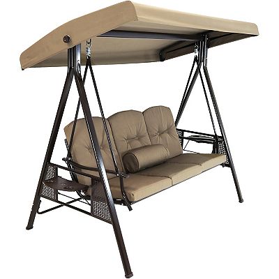 Sunnydaze 3 Person Steel Patio Swing Bench with Side Tables Canopy Beige