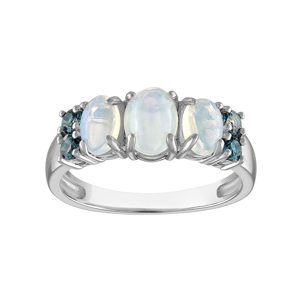 Tiara Sterling Silver White Opal & London Blue Topaz Three-Stone Ring