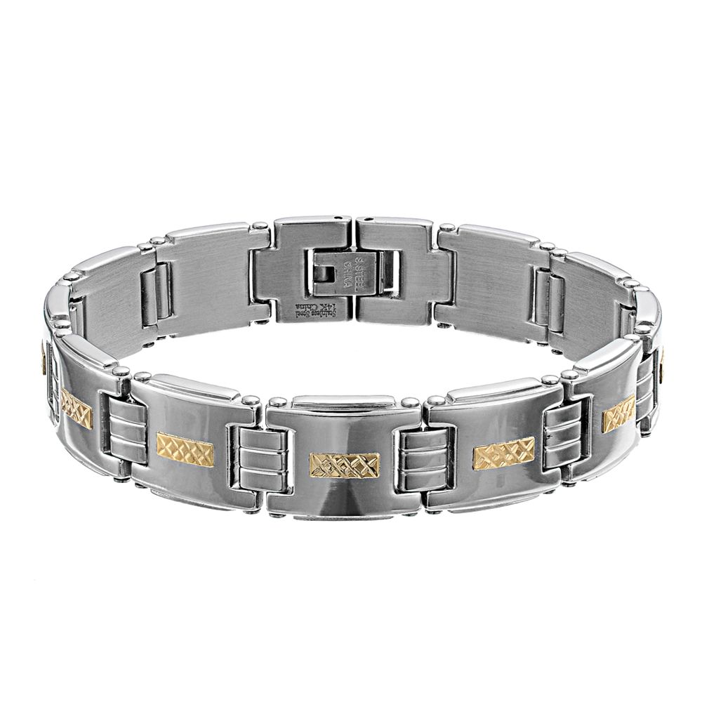 Kristen Kesho 14k Gold Diamond Cut Bars on Stainless Steel Link Bracelet