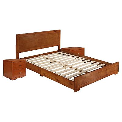 Camden Isle Trent Wooden Platform Bed in Cherry King with 2 Nightstands