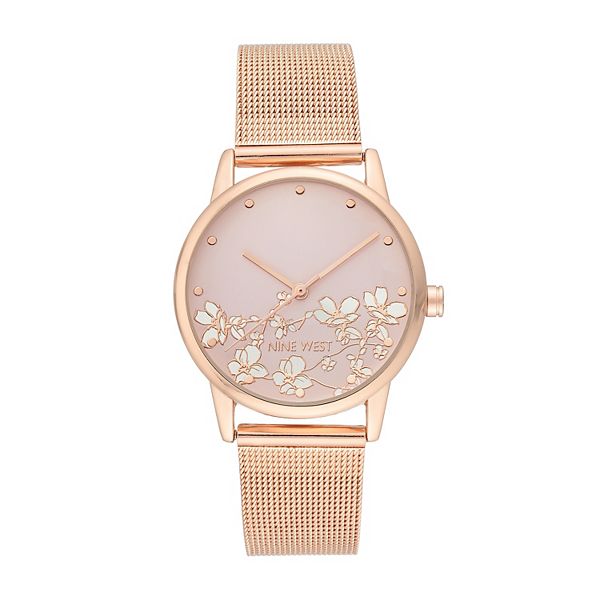 Nine West Women's Stainless Steel Mesh Bracelet Watch with Flower Dial