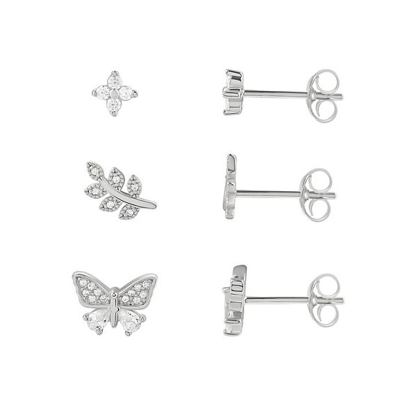 PRIMROSE Sterling Silver Cubic Zirconia Flower, Butterfly & Beaded Leaf Stud Earring Trio Set
