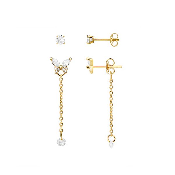 PRIMROSE 18k Gold Plated Butterfly & Cubic Zirconia Stud Earring Duo Set