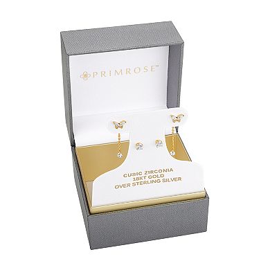 PRIMROSE 18k Gold Plated Butterfly & Cubic Zirconia Stud Earring Duo Set