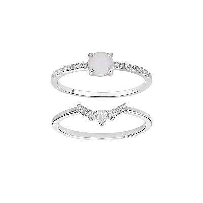PRIMROSE Sterling Silver White Opal Cubic Zirconia Shadow Band Duo Ring Set