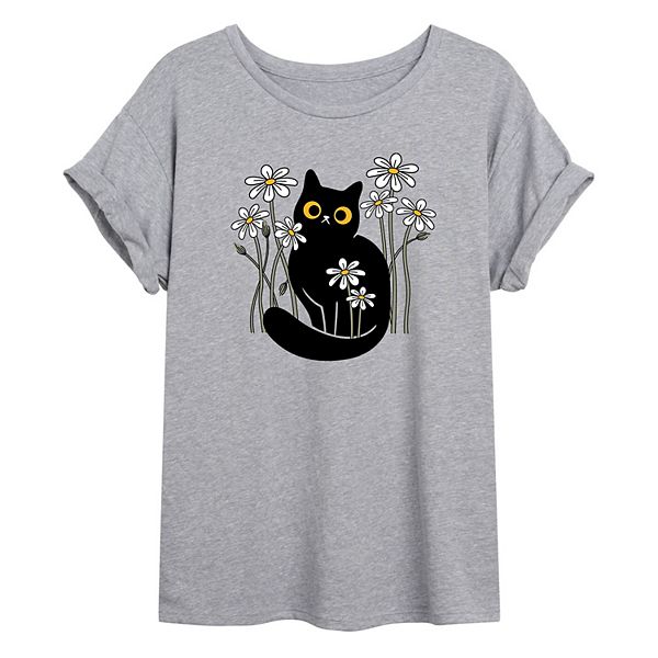 Juniors' Black Cat In Daisies Oversized Graphic Tee