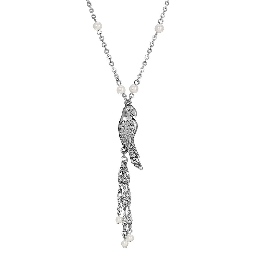 1928 Silver Tone Pewter Parrot Simulated Pearl Chain and Tassel Necklace