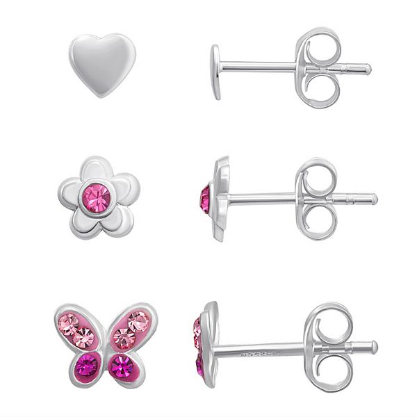 Charming Girl Kids Sterling Silver 3 Pair Heart, Flower, & Butterfly ...