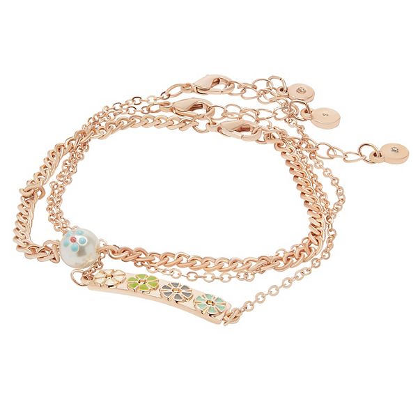 LC Lauren Conrad Rose Gold Tone Multi Floral Enamel and Pearl Bracelet Set