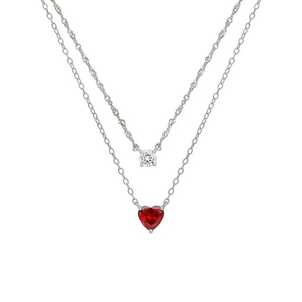 PRIMROSE Sterling Silver Red Cubic Zirconia Heart Double Strand Necklace