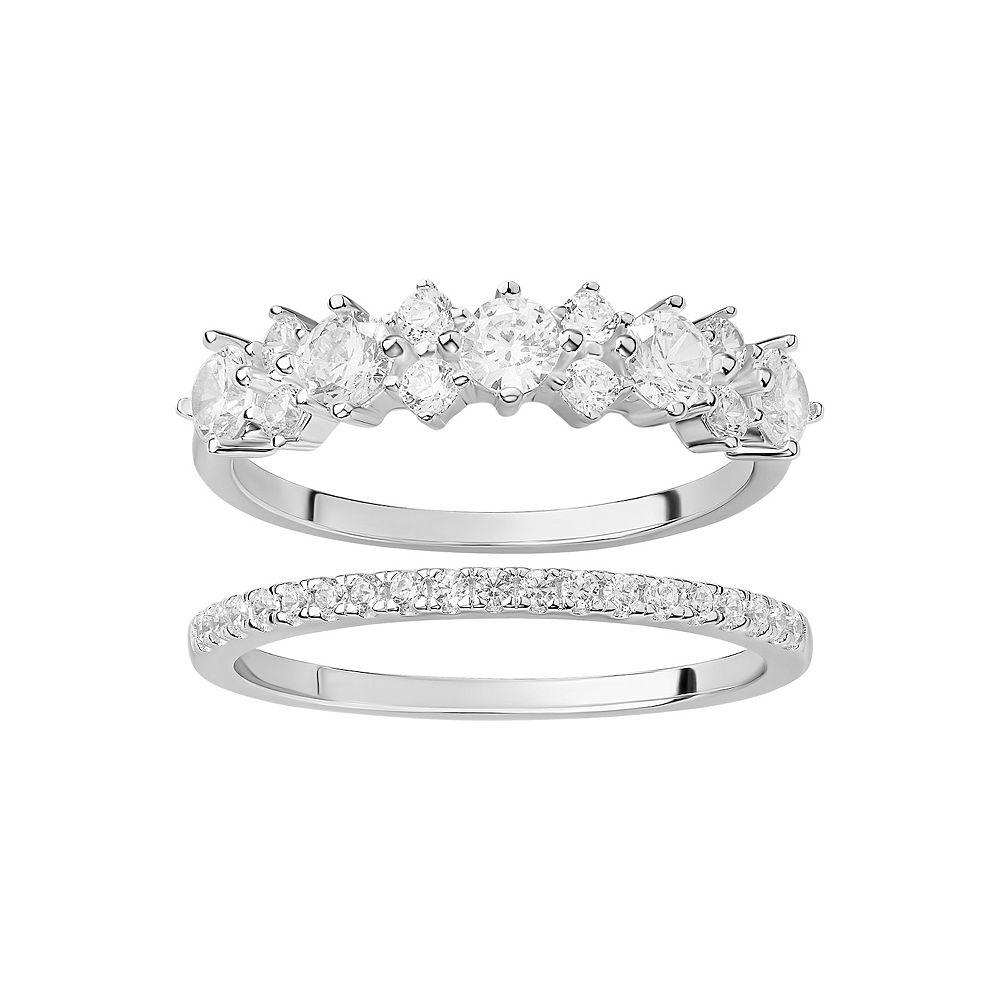 PRIMROSE Sterling Silver Cubic Zirconia Cluster Ring & Cubic Zirconia Band Ring Duo Set