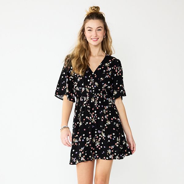 Juniors' Rewind Flared Sleeve Faux-Wrap Dress