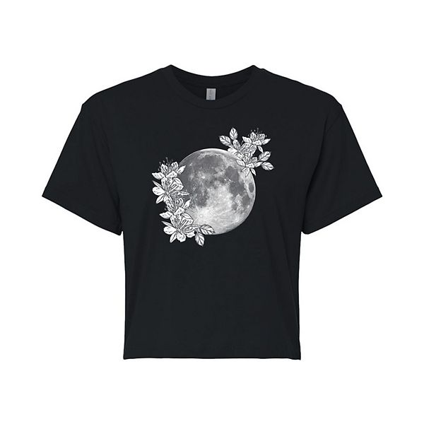 Juniors' Floral Full Moon Cropped Tee
