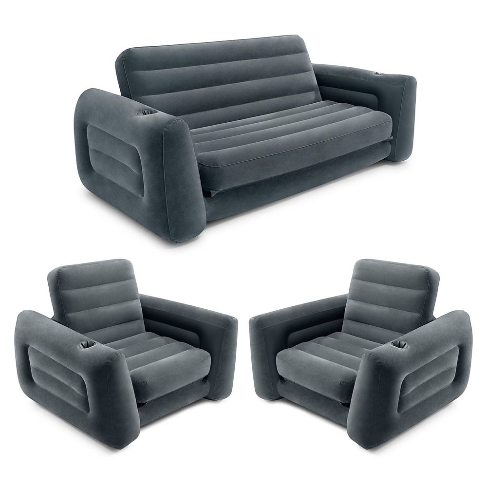 Intex Queen Size Inflatable Pull Out Sofa Bed Couch and Chair Sleeper Dark Gray
