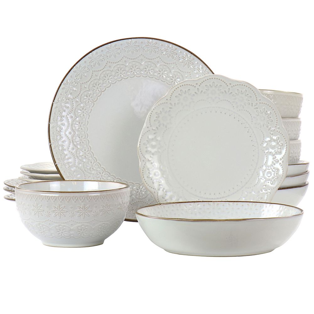 Elama Countess 16 Piece Embossed Double Bowl Stoneware Dinnerware Set ...
