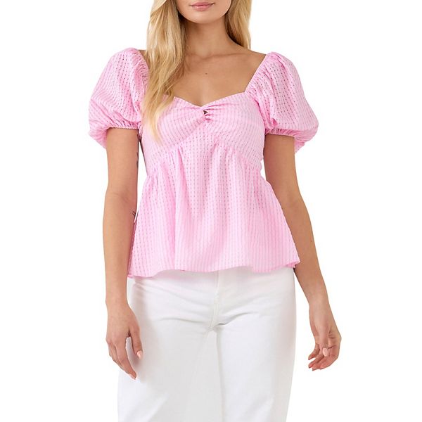 Check Print Puff Sleeeve Top