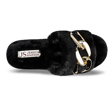 JS Jessica Simpson Women's Faux Fur Chain Link Embellished Slide Slippers