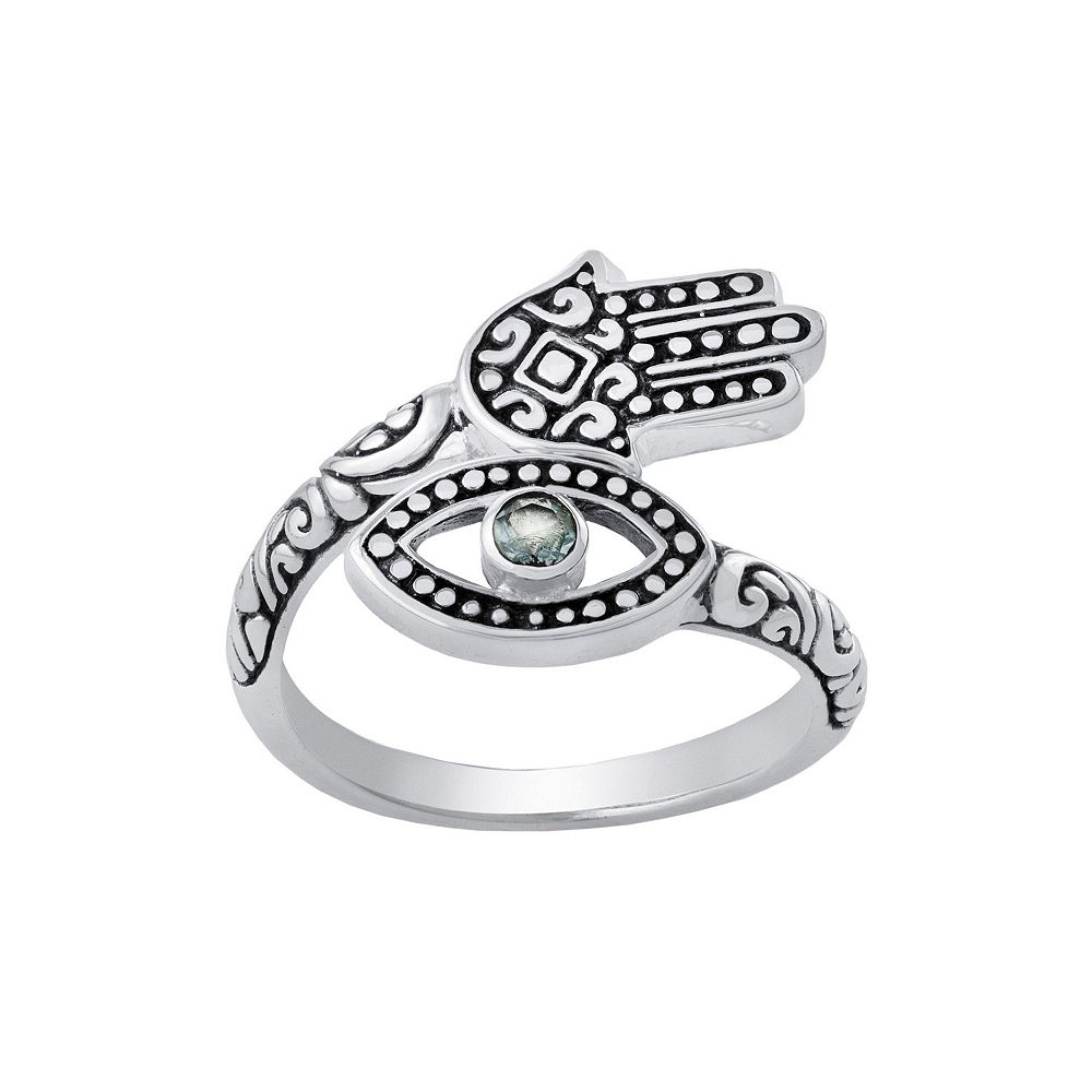 Athra NJ Inc Sterling Silver Oxidized Hamsa Evil Eye Bypass Ring
